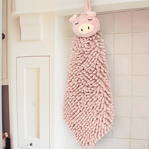 WINGOFFLY 3pcs Absorbent Hand Towel Set Chenille Microfiber Soft Kitcken Wash Towel with Rope Hanging, Pig + Owl + Penguin
