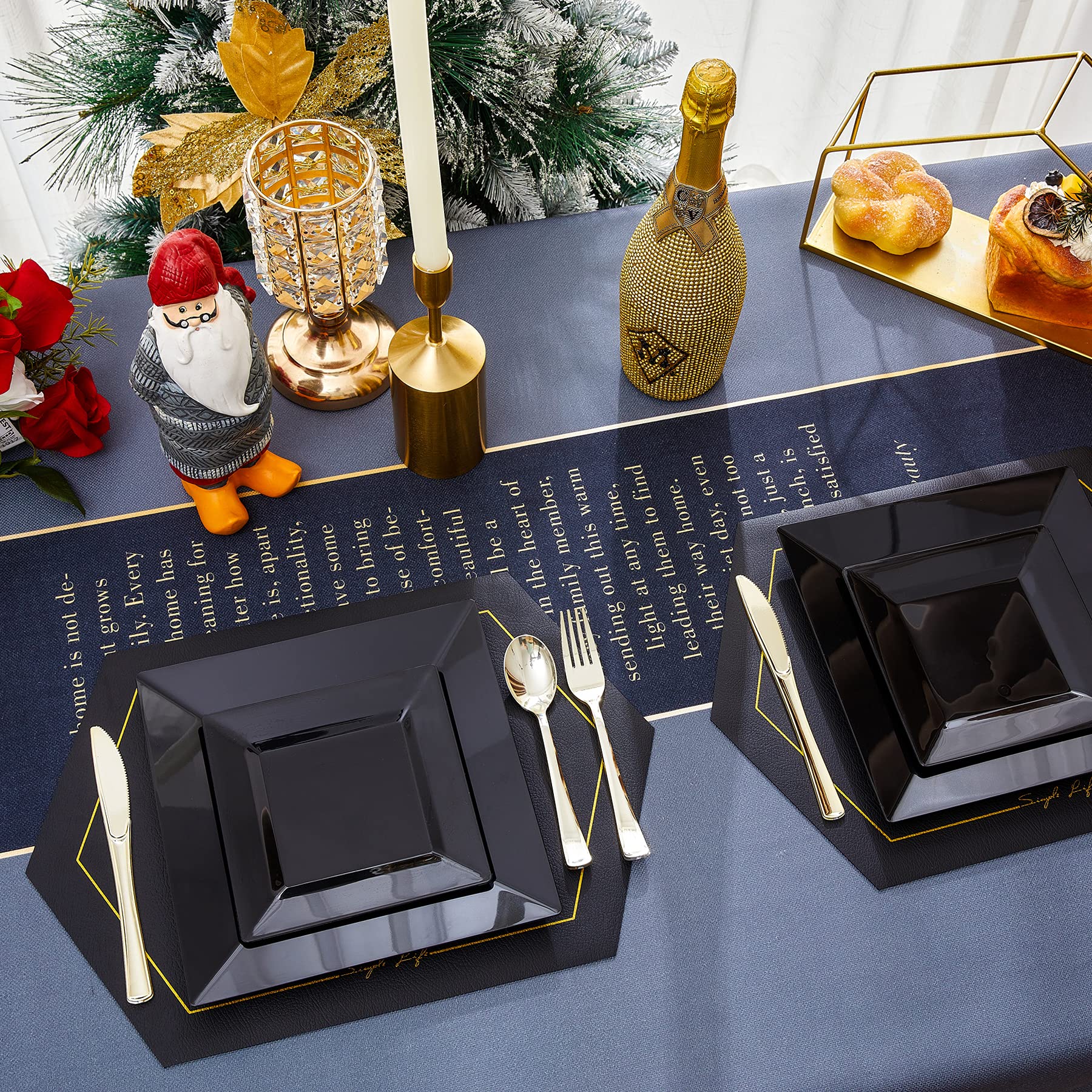 N9R 60 Pack Black Square Plastic Plates (9.5'' Dinner, 6.5'' Dessert/Salad) - Classic, Disposable, BPA Free, Reusable & Recyclable - Great for Parties & Weddings