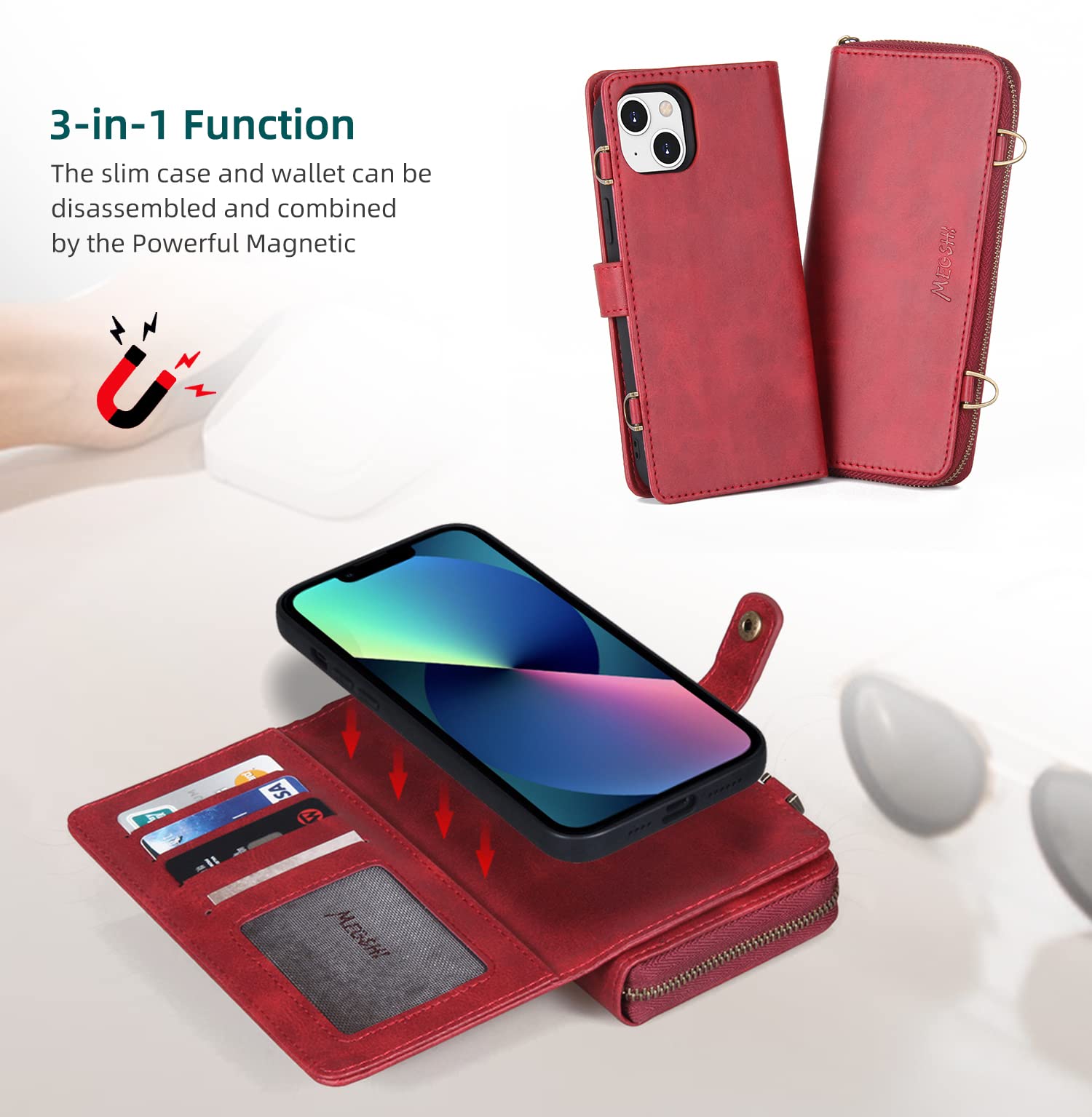 Misscase Compatible with iPhone 13 Wallet Case 2021,Multi-Function Wallet Case,2 in 1 Detachable Magnetic Wallet Case with Card Holder,PU Leather Flip Cover with Lanyard,13 Card Slots Red