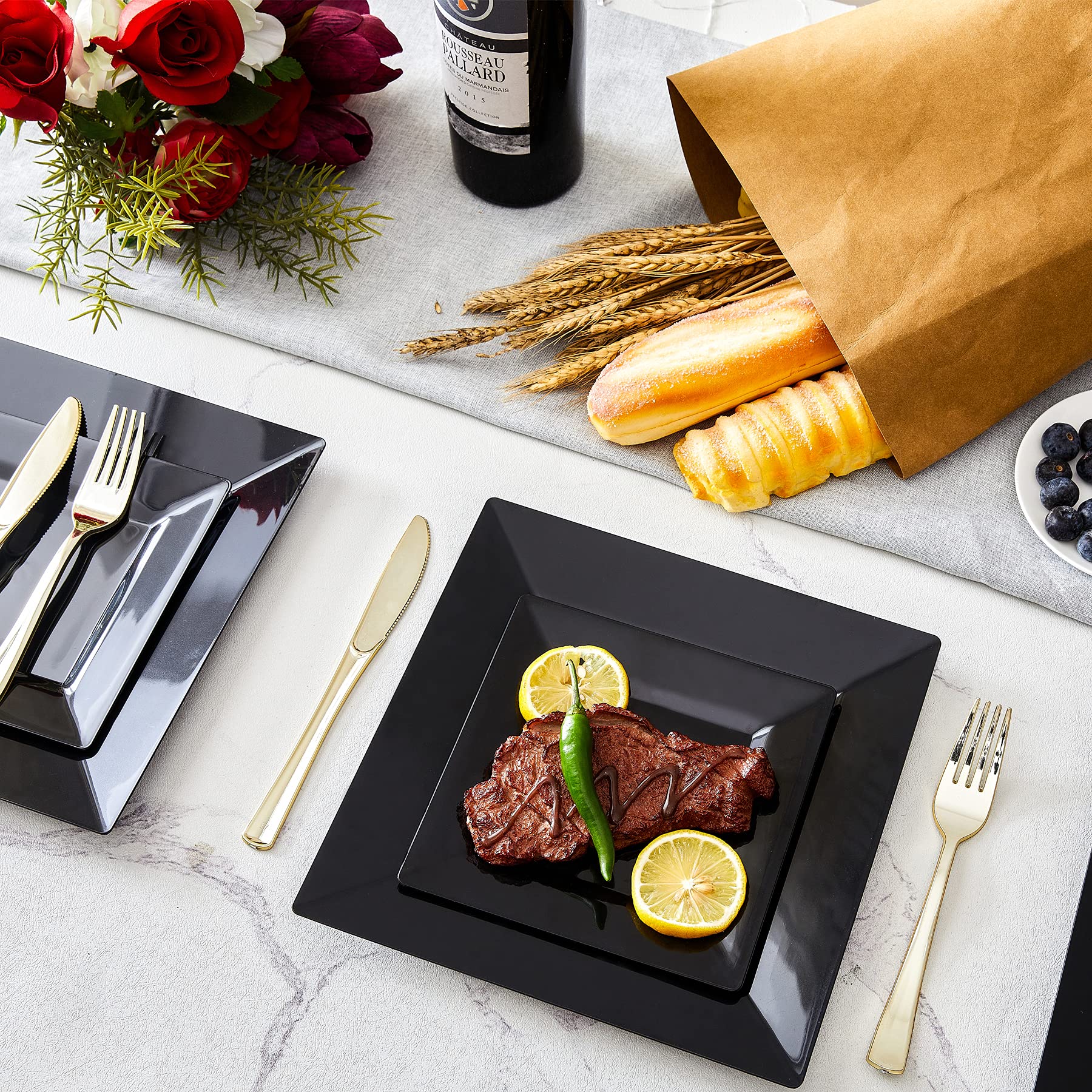 N9R 60 Pack Black Square Plastic Plates (9.5'' Dinner, 6.5'' Dessert/Salad) - Classic, Disposable, BPA Free, Reusable & Recyclable - Great for Parties & Weddings