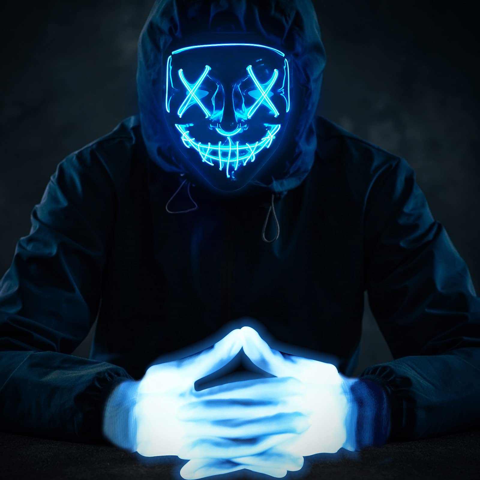 Max Fun Halloween Mask Glowing Gloves for Halloween Costume Cosplay Light Up Scary Masks with 3 Lighting Modes Cosplay Lighted Face Masks for Halloween Parties Masquerade Party(Blue)