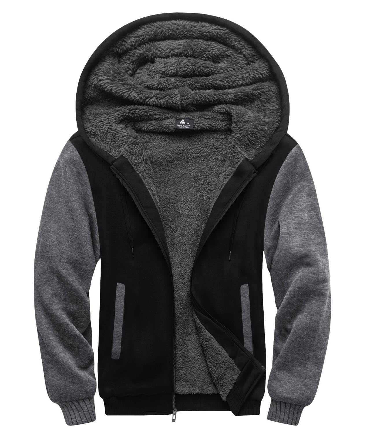 SCODI Hoodies for Men Heavyweight Fleece Sweatshirt - Full Zip Up Thick Sherpa Lined Hooded Jacket Black Middle gray 2XL
