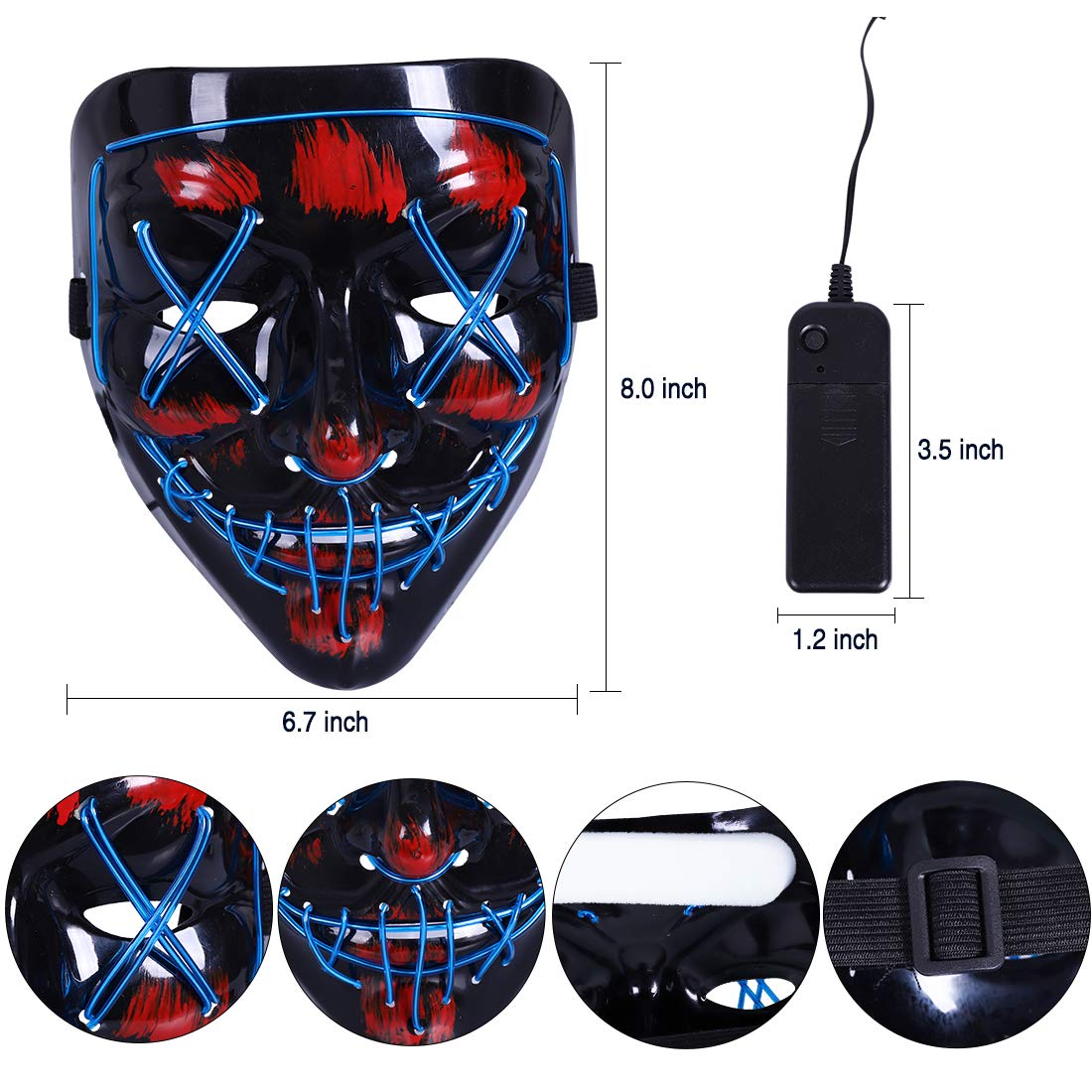 Max Fun Halloween Mask Glowing Gloves for Halloween Costume Cosplay Light Up Scary Masks with 3 Lighting Modes Cosplay Lighted Face Masks for Halloween Parties Masquerade Party(Blue)