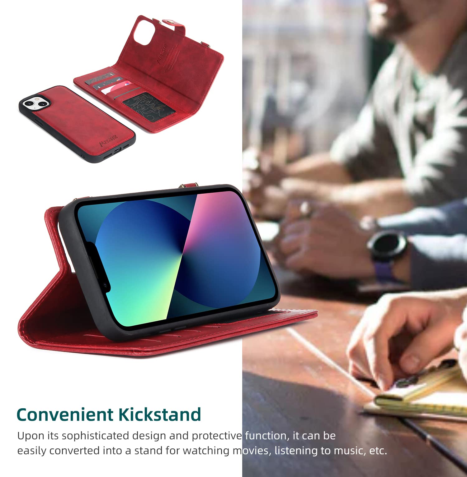 Misscase Compatible with iPhone 13 Wallet Case 2021,Multi-Function Wallet Case,2 in 1 Detachable Magnetic Wallet Case with Card Holder,PU Leather Flip Cover with Lanyard,13 Card Slots Red