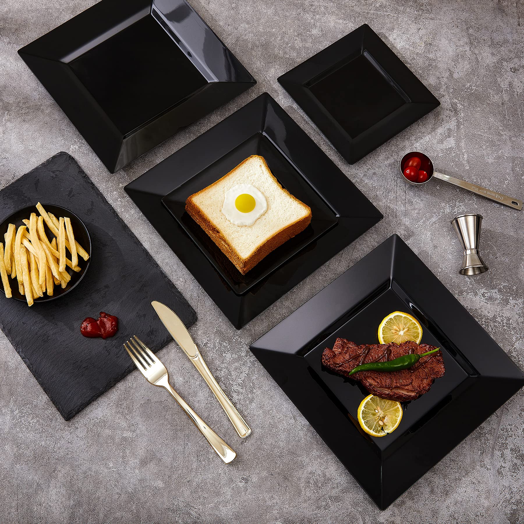 N9R 60 Pack Black Square Plastic Plates (9.5'' Dinner, 6.5'' Dessert/Salad) - Classic, Disposable, BPA Free, Reusable & Recyclable - Great for Parties & Weddings