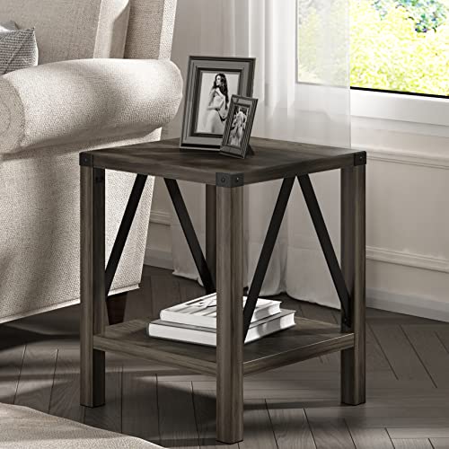 Treocho Farmhouse End Side Table, Rustic Vintage Nightstand with Shelf for Living Room, Bedroom, Grey Wash