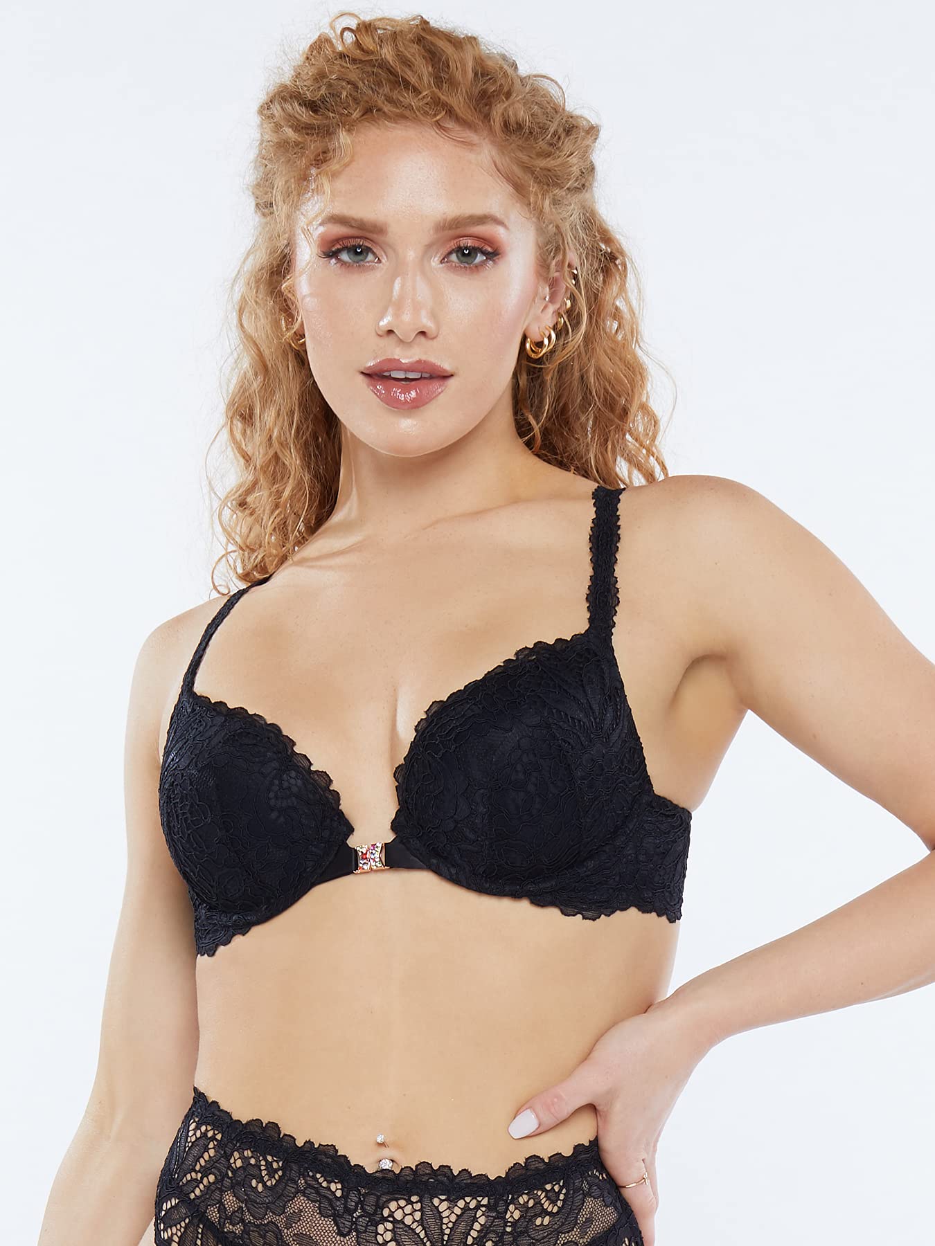 Savage X Fenty, Women's, Romantic Corded Lace Front-Closure Push Up Bra, Caviar, 38DD