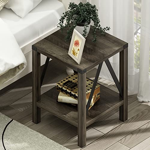 Treocho Farmhouse End Side Table, Rustic Vintage Nightstand with Shelf for Living Room, Bedroom, Grey Wash