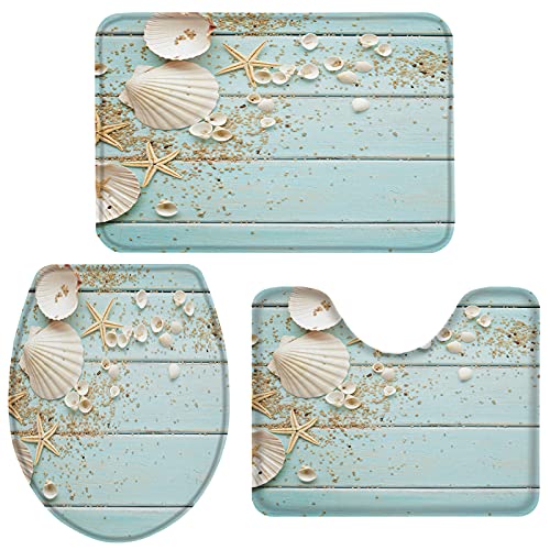 Apular Fashion 3 Piece Bath Rugs Set Starfish Beach Seashell Sand Wood Grain Board Printed Non Slip Ultra Soft Bathroom Mats, U Shape Mat and Toilet Lid Cover Mat Bath Mats