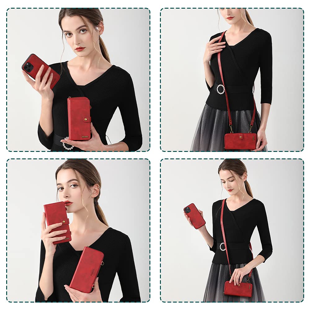 Misscase Compatible with iPhone 13 Wallet Case 2021,Multi-Function Wallet Case,2 in 1 Detachable Magnetic Wallet Case with Card Holder,PU Leather Flip Cover with Lanyard,13 Card Slots Red