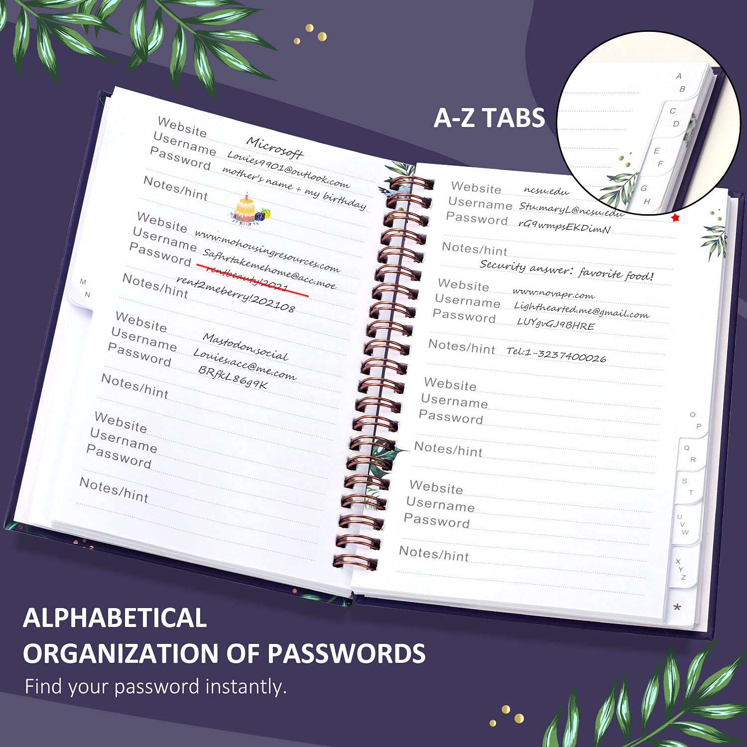 JUBTIC Password Book with Alphabetical Tabs Spiral Bound - 5.2" x 7.6" Hardcover Password Keeper Logbook for Seniors Password Notebook- Organize Internet Website Address Login - Deluxe Blue