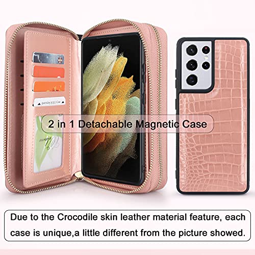 Harryshell Compatible with Samsung Galaxy S21 Ultra 5G (6.8") Case Wallet Multi Zipper Detachable Magnetic Cover Card Slots Holder Money Pocket Mirror Crossbody Strap (Crocodile Rose Gold)