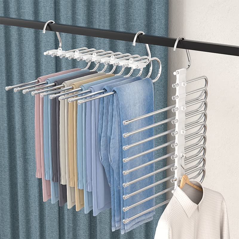 Hoibampu 2 Pcs Upgrade 9 Layers Pants Hangers Space Saving - Hangers for Clothes Hanger Organizer - Jean Hangers Pants Rack Scarf Hanger Closet Space Saving Scarf Organizer