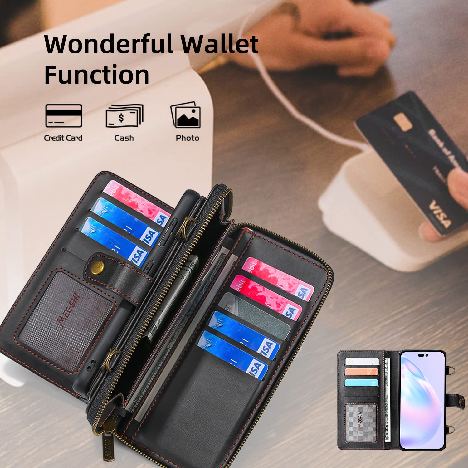 Misscase Compatible with iPhone 13 Pro Max Wallet Case 2021,Multi-Function Wallet Case,2 in 1 Detachable Magnetic Wallet Case with Card Holder,PU Leather Flip Cover with Lanyard,13 Card Slots,Black
