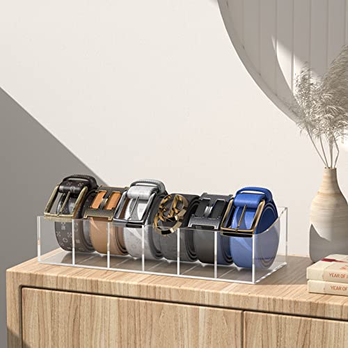 KDSKSC Belt Organizer, Acrylic Belt Storage Holder for The Closet and Drawer, 6 Compartments Belt Container Clear Display Case for Tie and Bow Tie