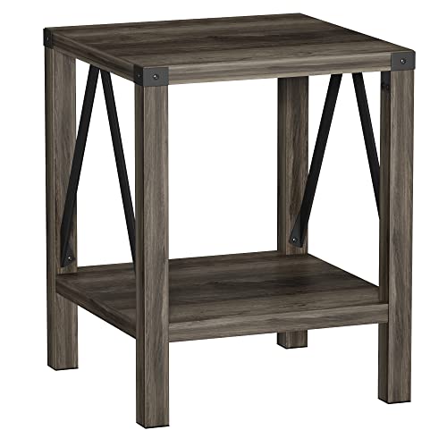 Treocho Farmhouse End Side Table, Rustic Vintage Nightstand with Shelf for Living Room, Bedroom, Grey Wash