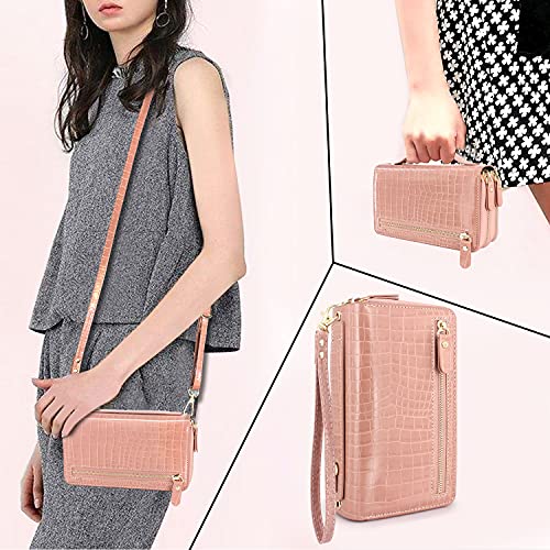 Harryshell Compatible with Samsung Galaxy S21 Ultra 5G (6.8") Case Wallet Multi Zipper Detachable Magnetic Cover Card Slots Holder Money Pocket Mirror Crossbody Strap (Crocodile Rose Gold)