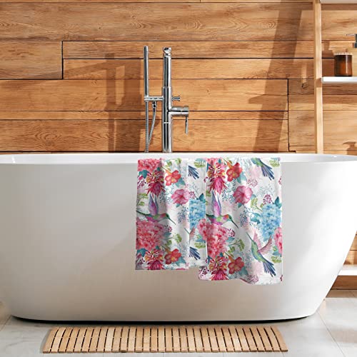 Pink Blue Floral Hand Towels Hummingbird Wild Floral Kitchen Dish Towel Set of 2 Spring Summer Decor Towel Set for Bathroom, Hotel, Gym and Spa
