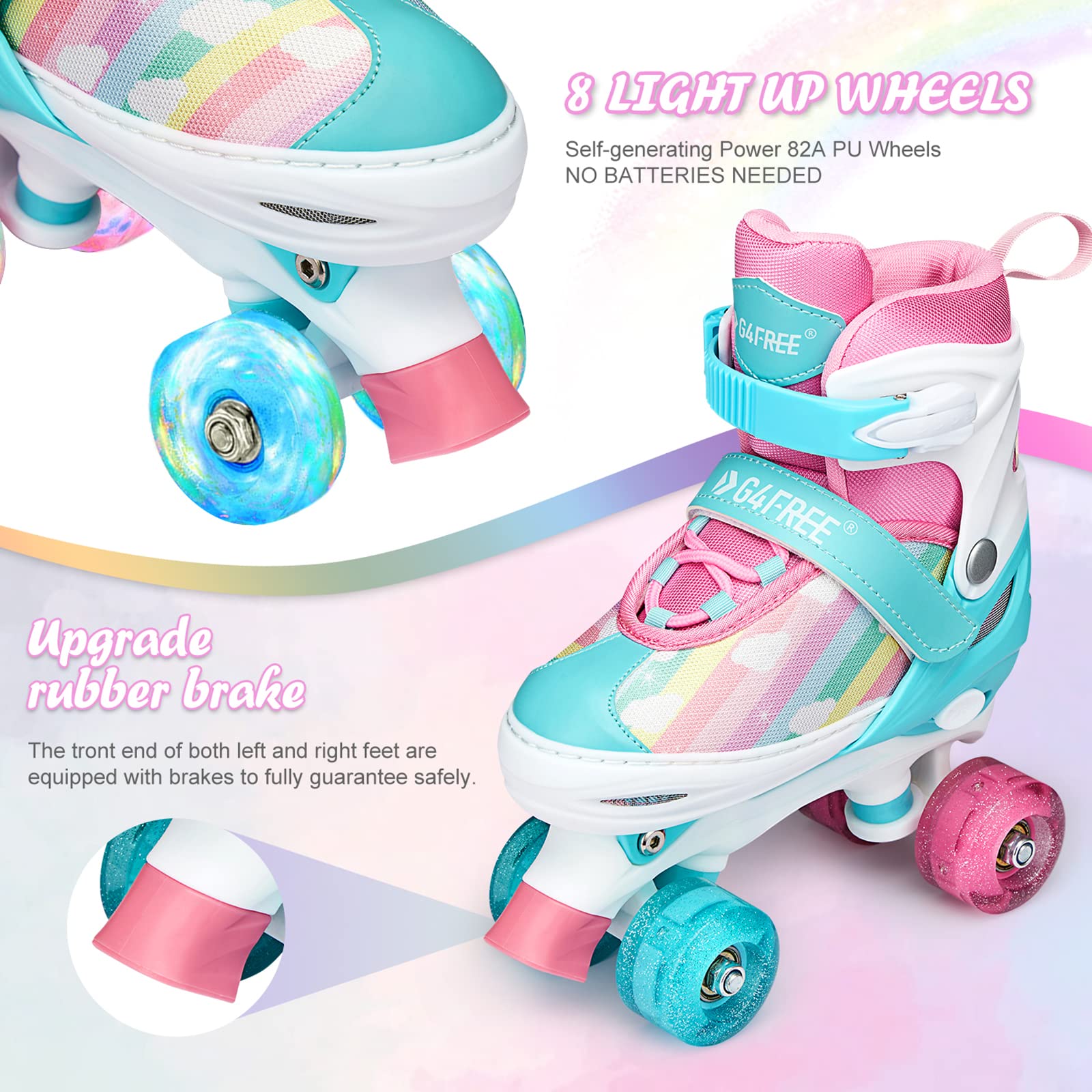 G4Free Kids Roller Skates for Girls, 4 Size Adjustable Roller Skates with Light Up Wheels for Toddlers Children Outdoor Indoor