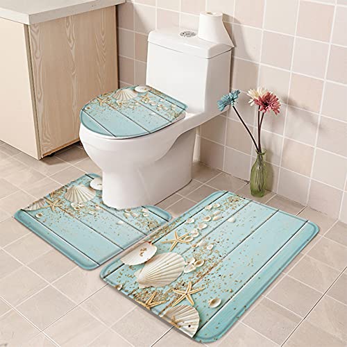 Apular Fashion 3 Piece Bath Rugs Set Starfish Beach Seashell Sand Wood Grain Board Printed Non Slip Ultra Soft Bathroom Mats, U Shape Mat and Toilet Lid Cover Mat Bath Mats