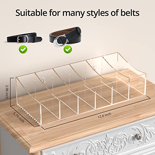 KDSKSC Belt Organizer, Acrylic Belt Storage Holder for The Closet and Drawer, 6 Compartments Belt Container Clear Display Case for Tie and Bow Tie