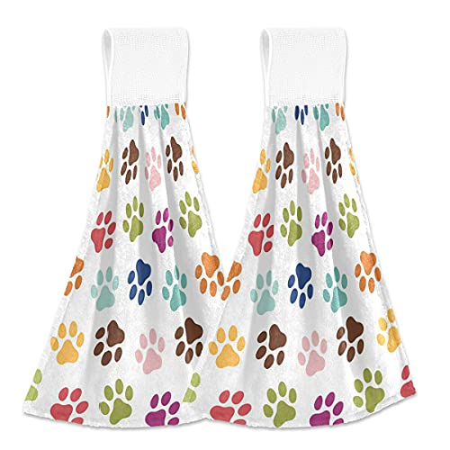 Colorful Dog Paw Hanging Kitchen Towels 2PCS Animal Foot Print Absorbent Soft Quick Dry Washcloths Dish Towels for Bathroom Home Decor