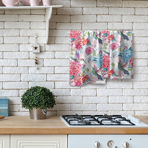 Pink Blue Floral Hand Towels Hummingbird Wild Floral Kitchen Dish Towel Set of 2 Spring Summer Decor Towel Set for Bathroom, Hotel, Gym and Spa