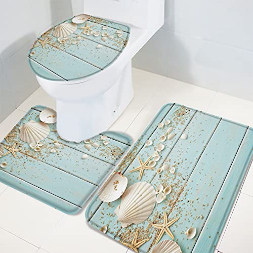 Apular Fashion 3 Piece Bath Rugs Set Starfish Beach Seashell Sand Wood Grain Board Printed Non Slip Ultra Soft Bathroom Mats, U Shape Mat and Toilet Lid Cover Mat Bath Mats