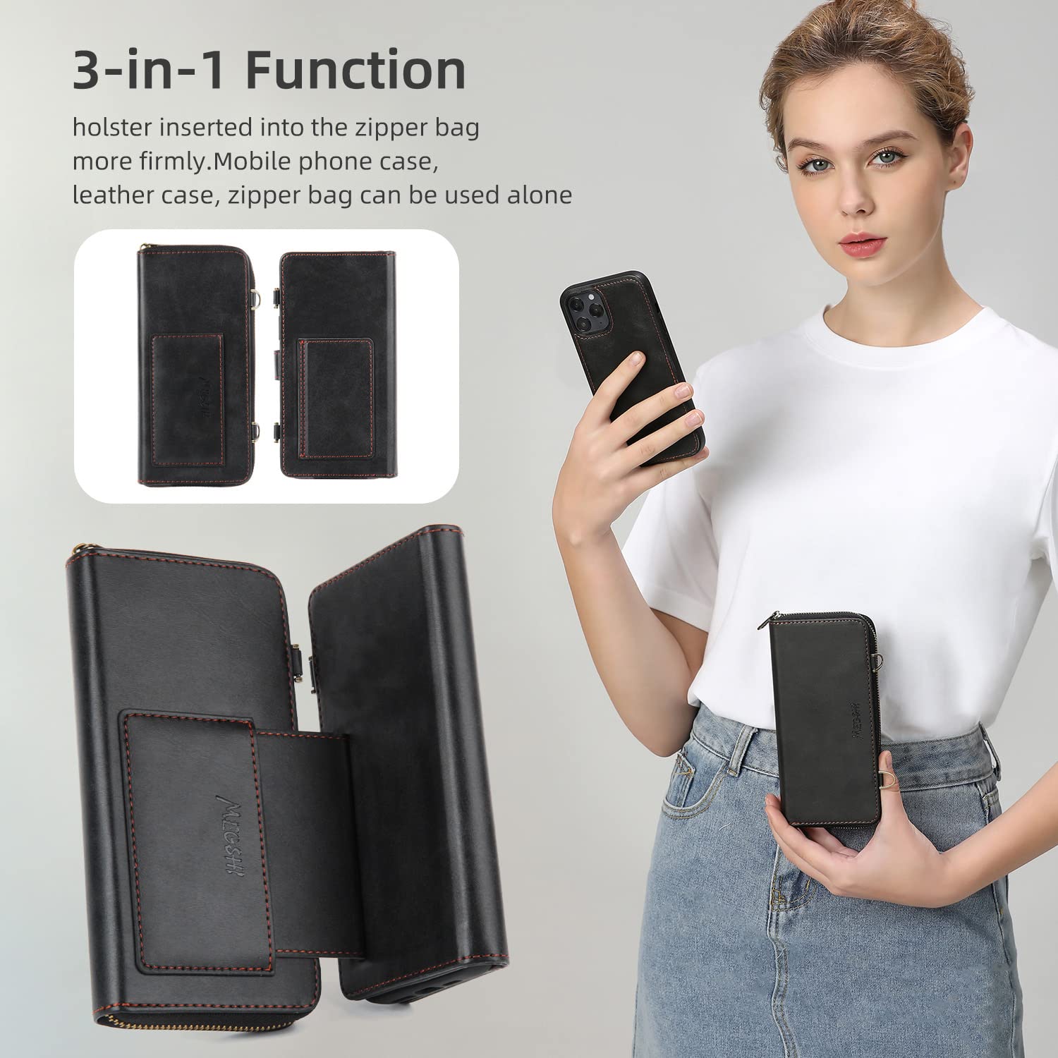 Misscase Compatible with iPhone 13 Pro Max Wallet Case 2021,Multi-Function Wallet Case,2 in 1 Detachable Magnetic Wallet Case with Card Holder,PU Leather Flip Cover with Lanyard,13 Card Slots,Black