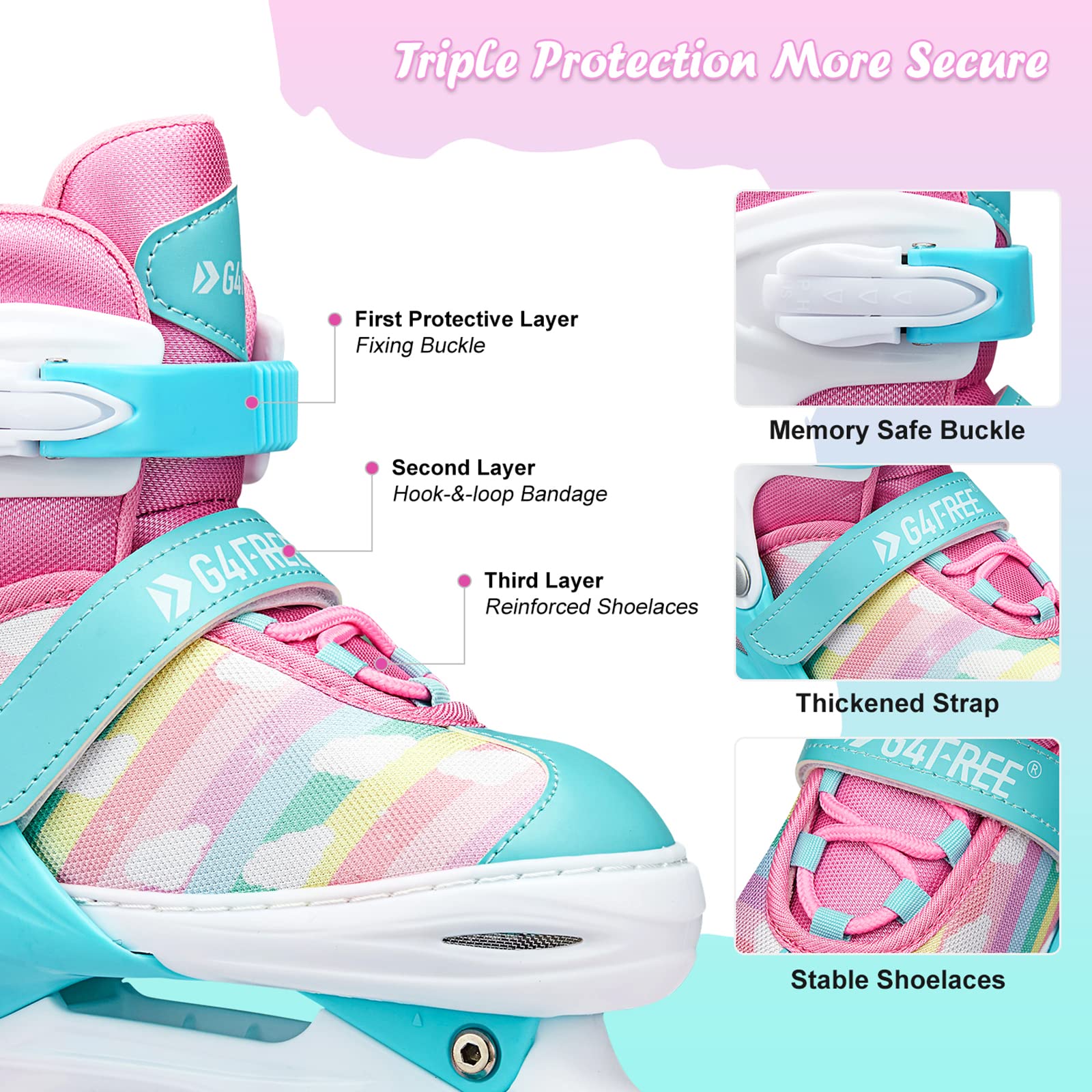 G4Free Kids Roller Skates for Girls, 4 Size Adjustable Roller Skates with Light Up Wheels for Toddlers Children Outdoor Indoor