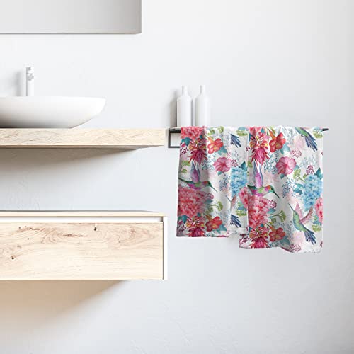 Pink Blue Floral Hand Towels Hummingbird Wild Floral Kitchen Dish Towel Set of 2 Spring Summer Decor Towel Set for Bathroom, Hotel, Gym and Spa