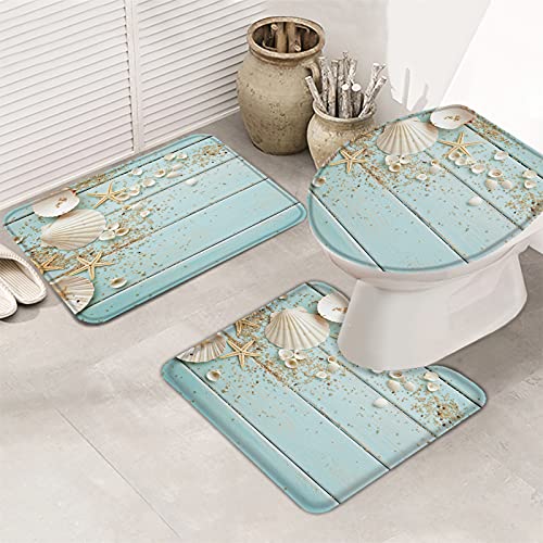Apular Fashion 3 Piece Bath Rugs Set Starfish Beach Seashell Sand Wood Grain Board Printed Non Slip Ultra Soft Bathroom Mats, U Shape Mat and Toilet Lid Cover Mat Bath Mats