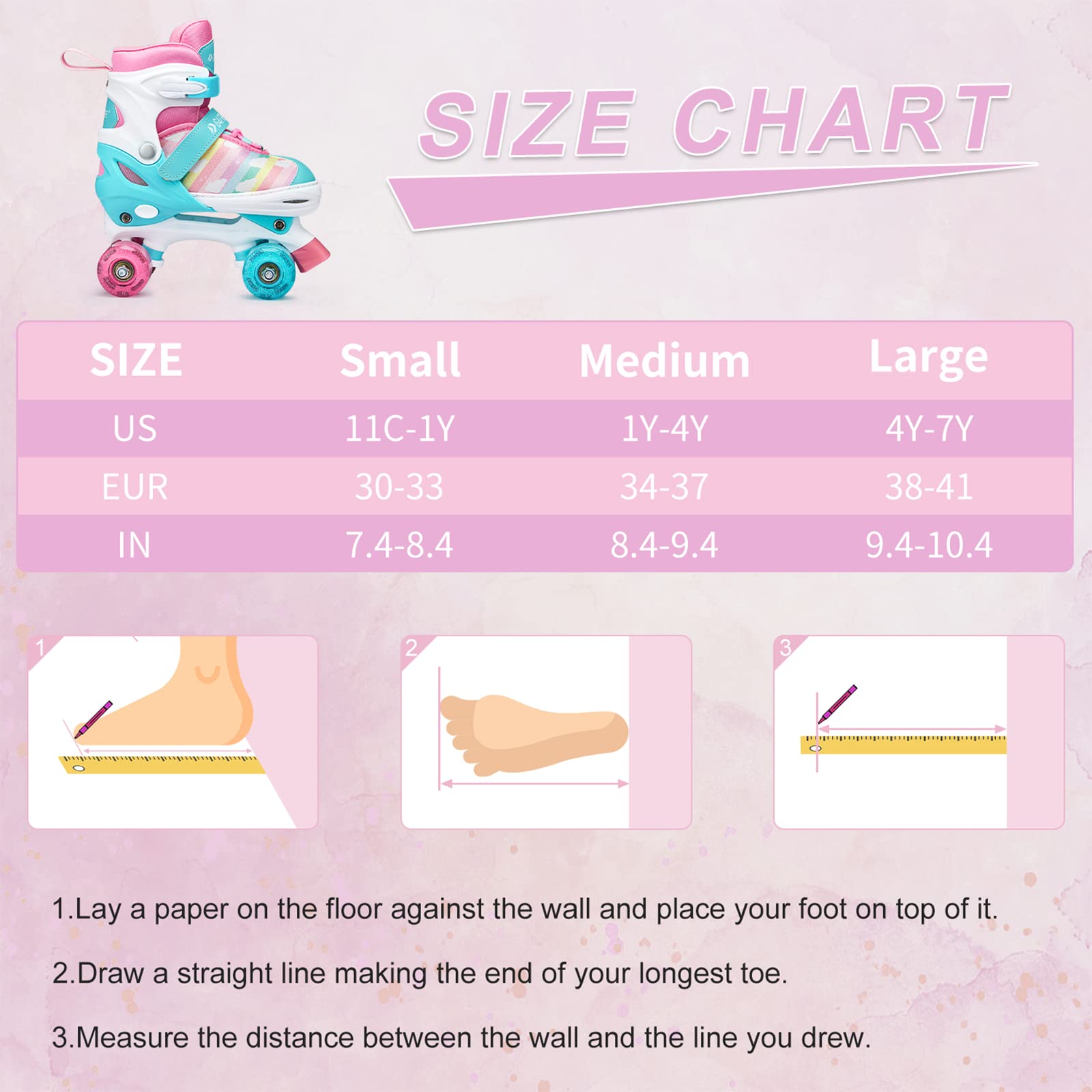 G4Free Kids Roller Skates for Girls, 4 Size Adjustable Roller Skates with Light Up Wheels for Toddlers Children Outdoor Indoor