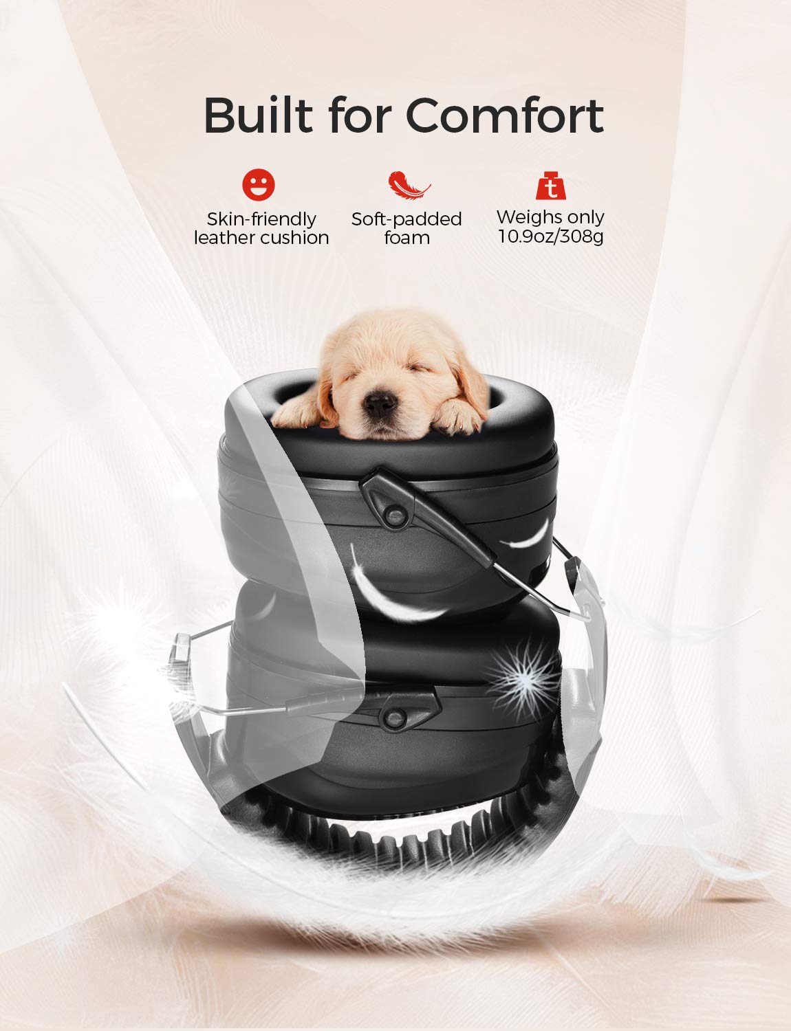 Wowteech Ear Protection Safety Muffs, NRR 28dB Earmuffs for Hearing Protection, with Padded Headband, Compact Foldable Defenders Shooting, Hunting, Mowing, Construction, a Carrying Bag, Black, Large