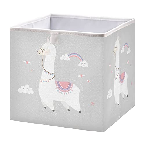 Cute Llama Collapsible Fabric Storage Cube Bins with Handles Square Closet Organizer Waterproof Lining for Clothes Toy Gift Storage 11.02x11.02x11.02 Inches