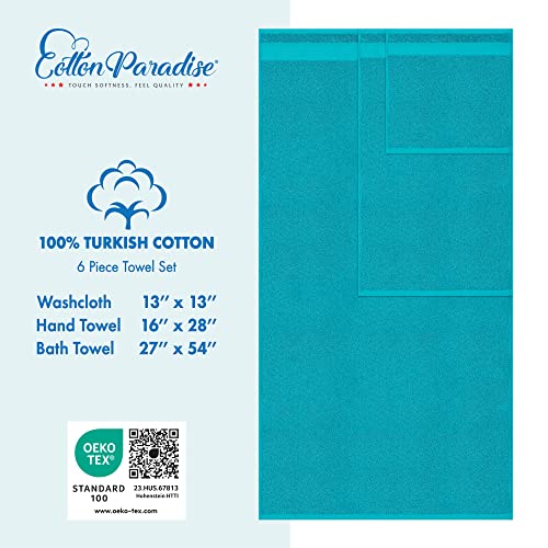 Cotton Paradise 6 Piece Towel Set, 100% Turkish Cotton Soft Absorbent Towels for Bathroom, 2 Bath Towels 2 Hand Towels 2 Washcloths, Aqua Blue Towel Set