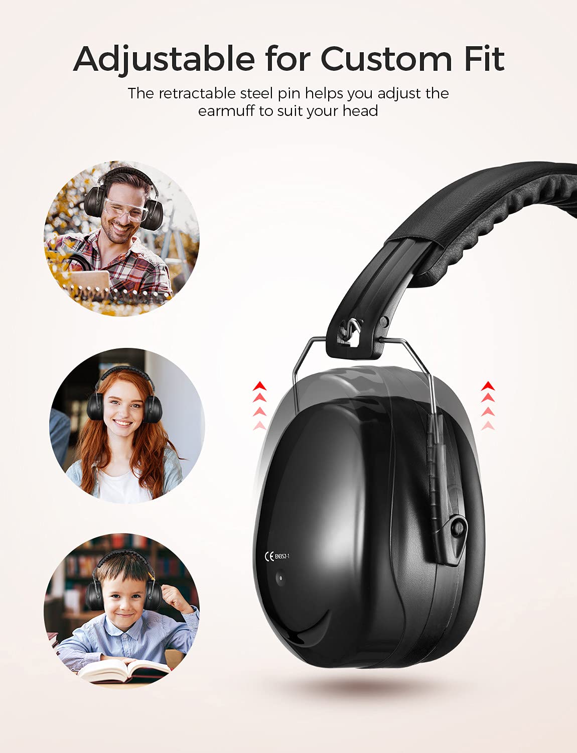 Wowteech Ear Protection Safety Muffs, NRR 28dB Earmuffs for Hearing Protection, with Padded Headband, Compact Foldable Defenders Shooting, Hunting, Mowing, Construction, a Carrying Bag, Black, Large