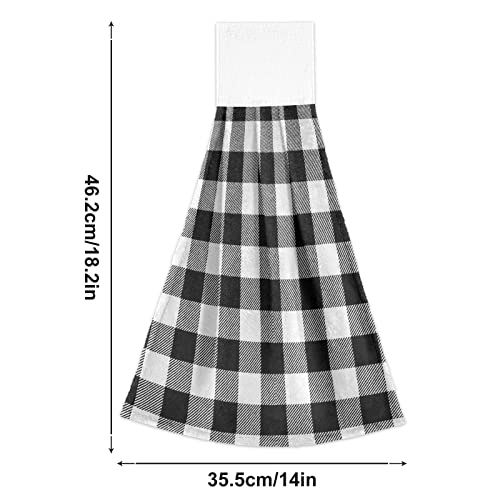 xigua Black and White Buffalo Plaid Hanging Kitchen Hand Towels Set of 2, Absorbent Soft Dish Towel with Loop Coral Fleece Dish Cloth Tie Towels for Bathroom Kitchen Home Decor