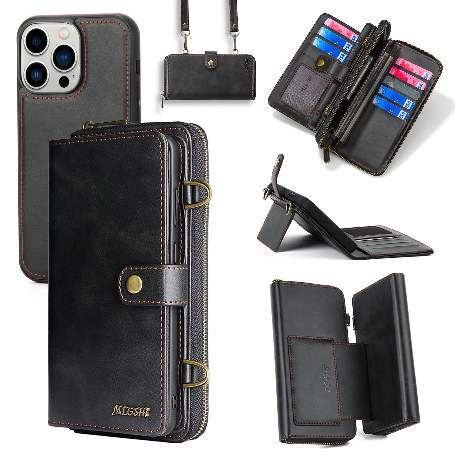 Misscase Compatible with iPhone 13 Pro Max Wallet Case 2021,Multi-Function Wallet Case,2 in 1 Detachable Magnetic Wallet Case with Card Holder,PU Leather Flip Cover with Lanyard,13 Card Slots,Black