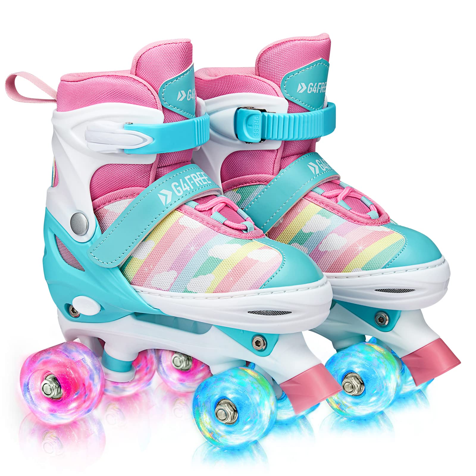 G4Free Kids Roller Skates for Girls, 4 Size Adjustable Roller Skates with Light Up Wheels for Toddlers Children Outdoor Indoor