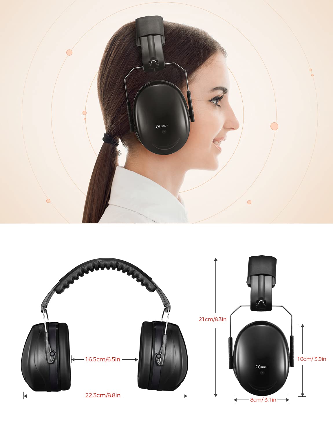 Wowteech Ear Protection Safety Muffs, NRR 28dB Earmuffs for Hearing Protection, with Padded Headband, Compact Foldable Defenders Shooting, Hunting, Mowing, Construction, a Carrying Bag, Black, Large