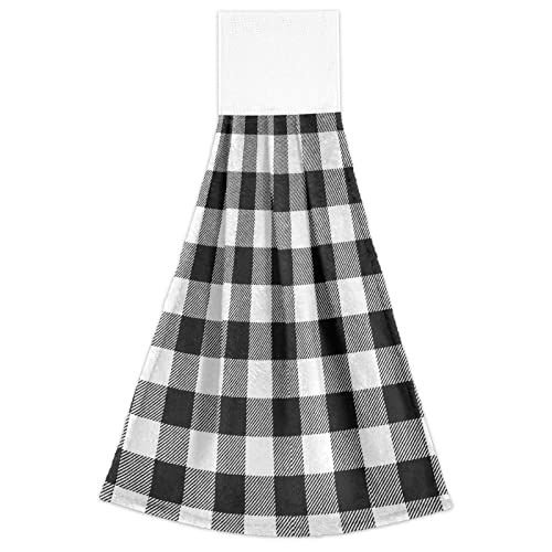 xigua Black and White Buffalo Plaid Hanging Kitchen Hand Towels Set of 2, Absorbent Soft Dish Towel with Loop Coral Fleece Dish Cloth Tie Towels for Bathroom Kitchen Home Decor