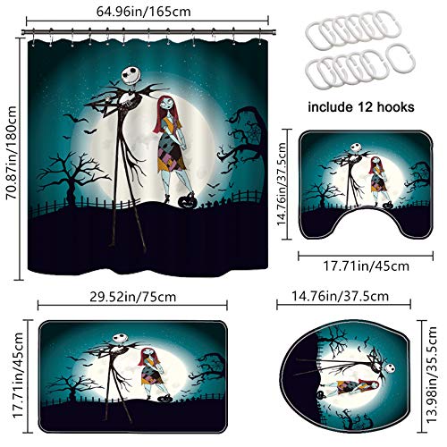 TAWOAO 4 Pcs Jack Skellington Shower Curtain Set with Non-Slip Rugs,Toilet Lid Cover and Bath Mat,Nightmare Before Christmas Shower Curtain with 12 Hooks