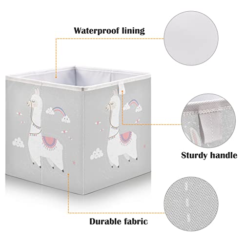 Cute Llama Collapsible Fabric Storage Cube Bins with Handles Square Closet Organizer Waterproof Lining for Clothes Toy Gift Storage 11.02x11.02x11.02 Inches