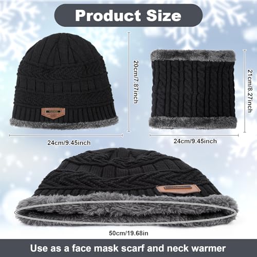 3 Pcs Boys Girls Winter Beanie Hat Scarf Gloves Set Thick Knitted Warm Toddler Winter Hat Mittens Neck Warmer for Kids Black