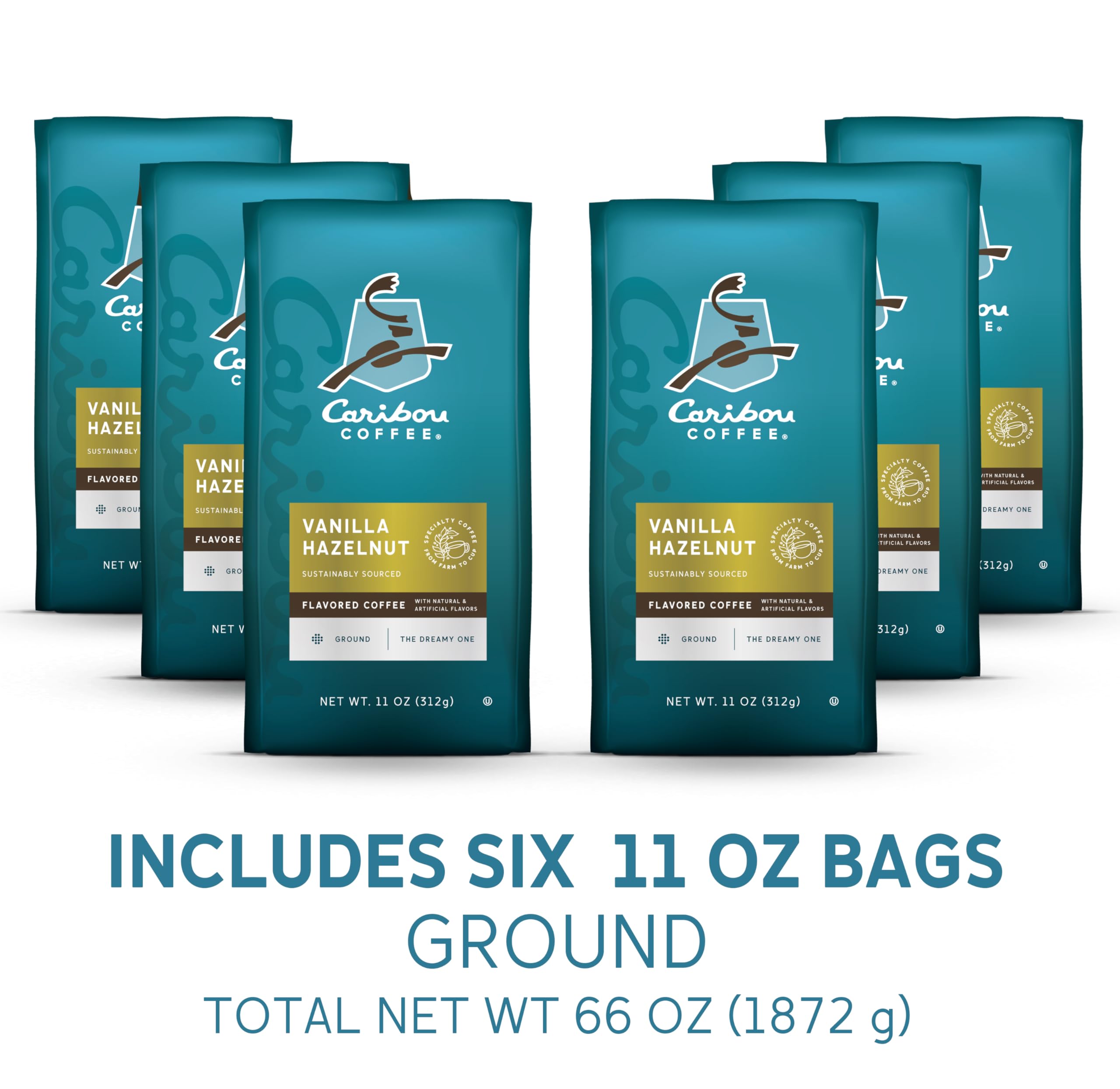 Caribou Coffee, Flavored Ground Coffee - Vanilla Hazelnut Dreamstate 66 Ounces (6 Bags of 11 Ounces)