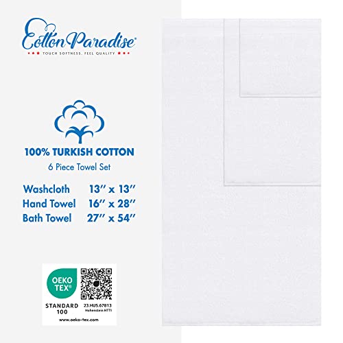 Cotton Paradise 6 Piece Towel Set, 100% Turkish Cotton Soft Absorbent Towels for Bathroom, 2 Bath Towels 2 Hand Towels 2 Washcloths, White Towel Set