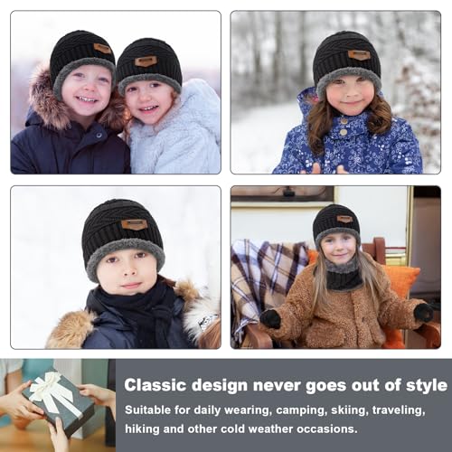 3 Pcs Boys Girls Winter Beanie Hat Scarf Gloves Set Thick Knitted Warm Toddler Winter Hat Mittens Neck Warmer for Kids Black