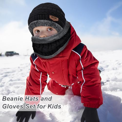 3 Pcs Boys Girls Winter Beanie Hat Scarf Gloves Set Thick Knitted Warm Toddler Winter Hat Mittens Neck Warmer for Kids Black