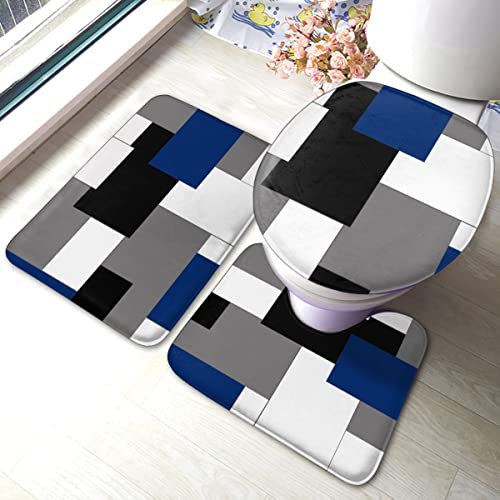 4 Pcs Geometric Blue Shower Curtain Sets with Non-Slip Rugs,Toilet Lid Cover and Bath Mat, Black and Gray Bathroom Decor Set Accessories with Polyester Fabric Durable Shower Curtains